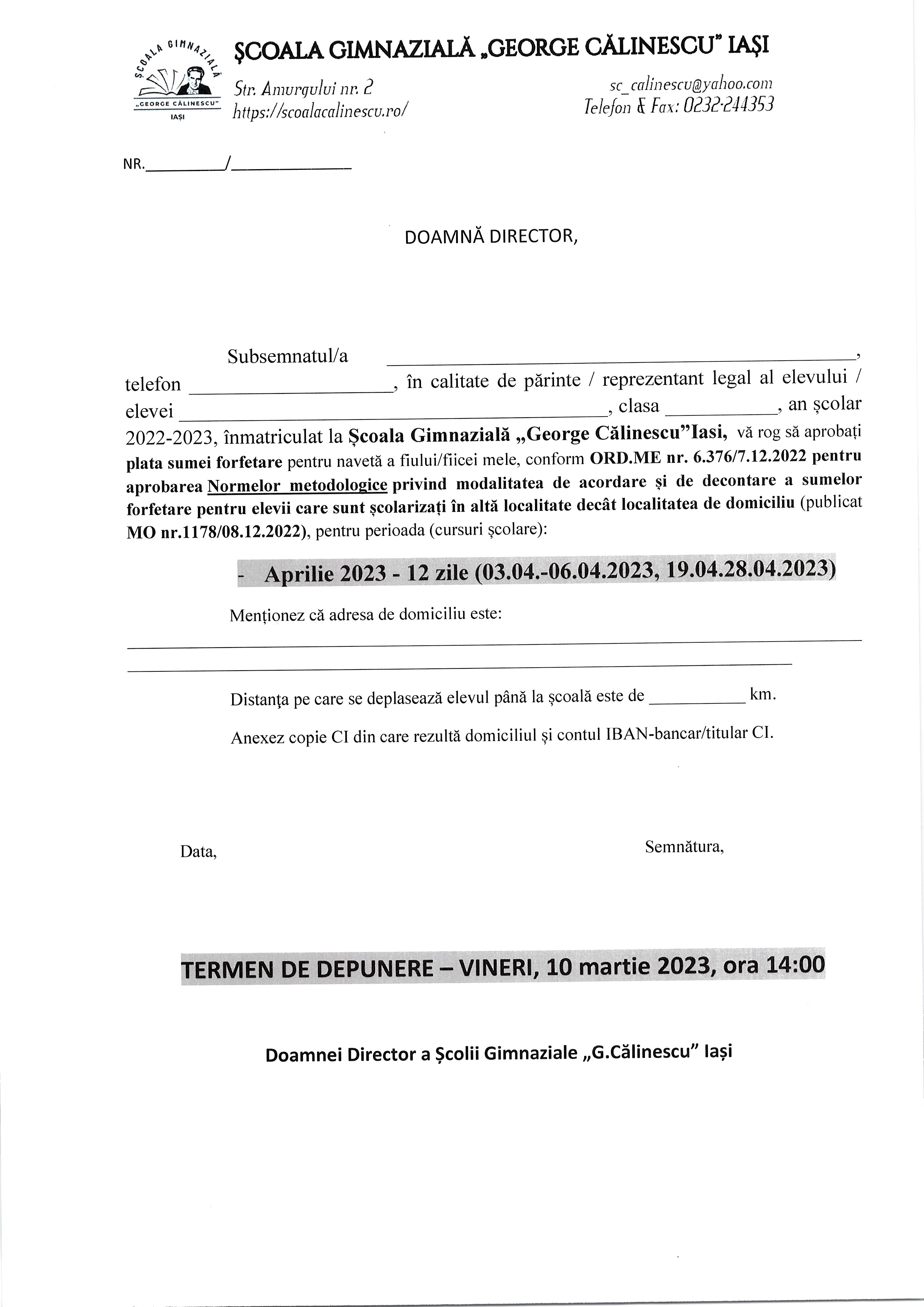 Transport elevi navetiști – Școala Gimnazială „George Călinescu” Iași